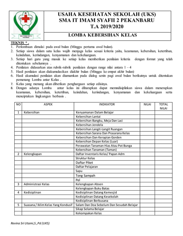 KRITERIA PENILAIAN LOMBA KEBERSIHAN KELAS | DOCX