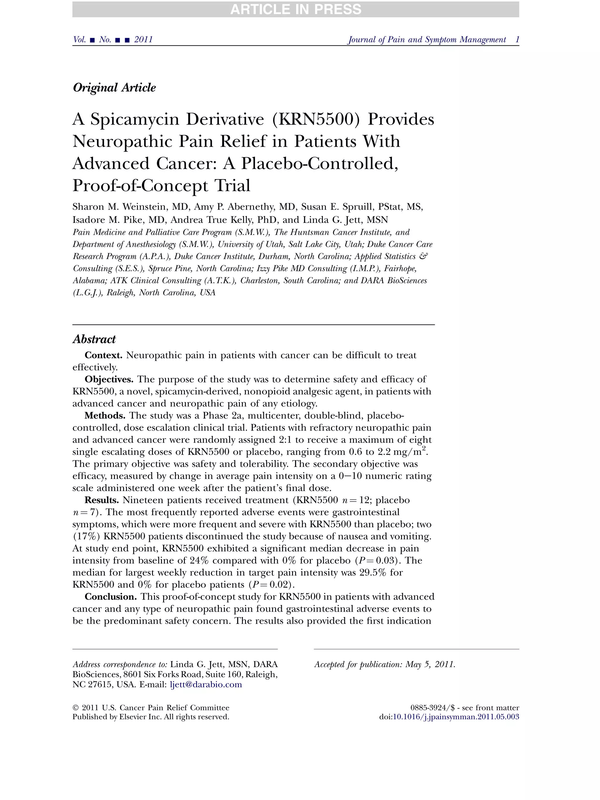 DARA Bio ($DARA) - KRN5500 article from the Journal of Pain and Symptom ...