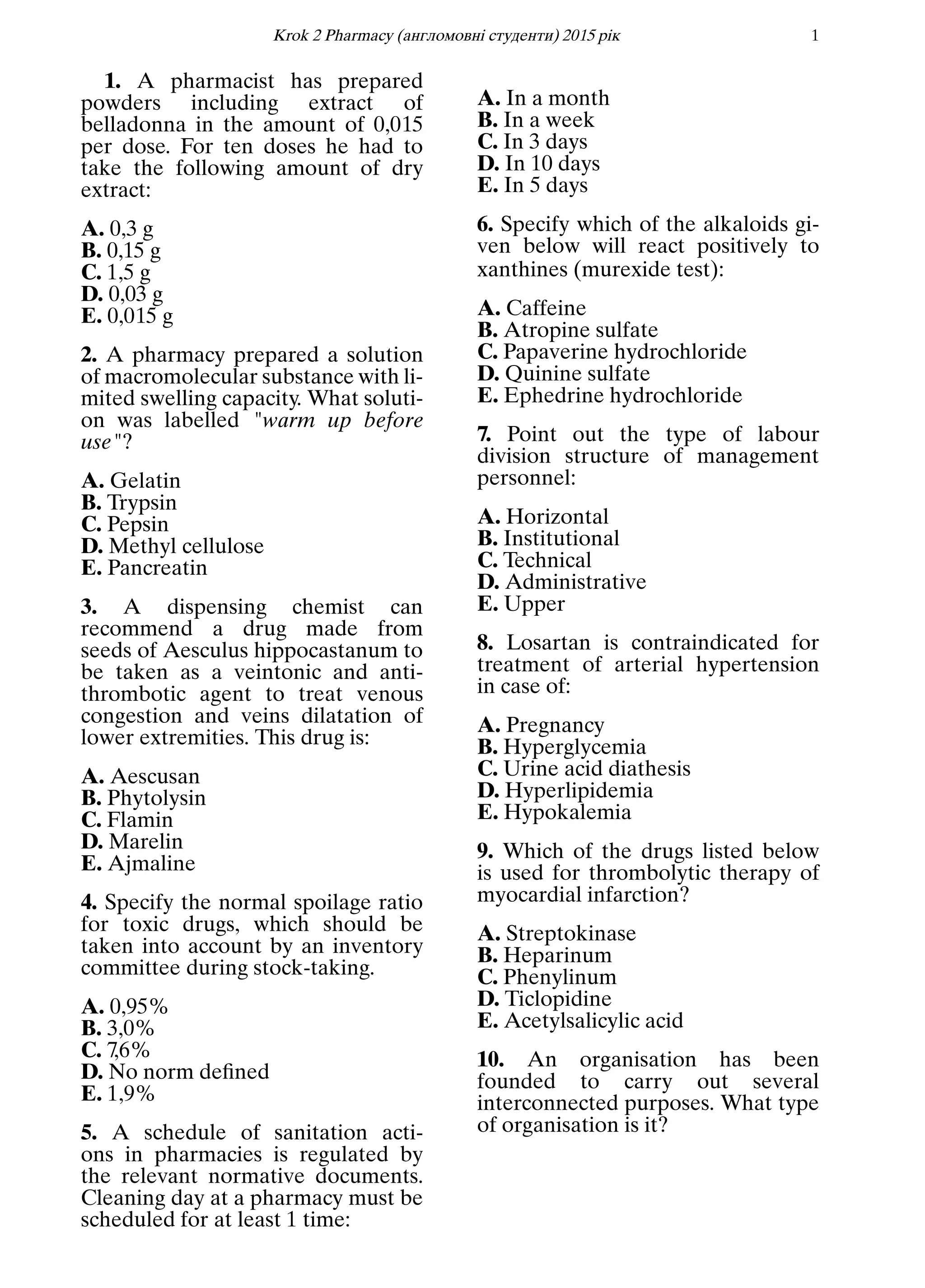 Krok 2 - 2015 Question Paper (Pharmacy) | PDF