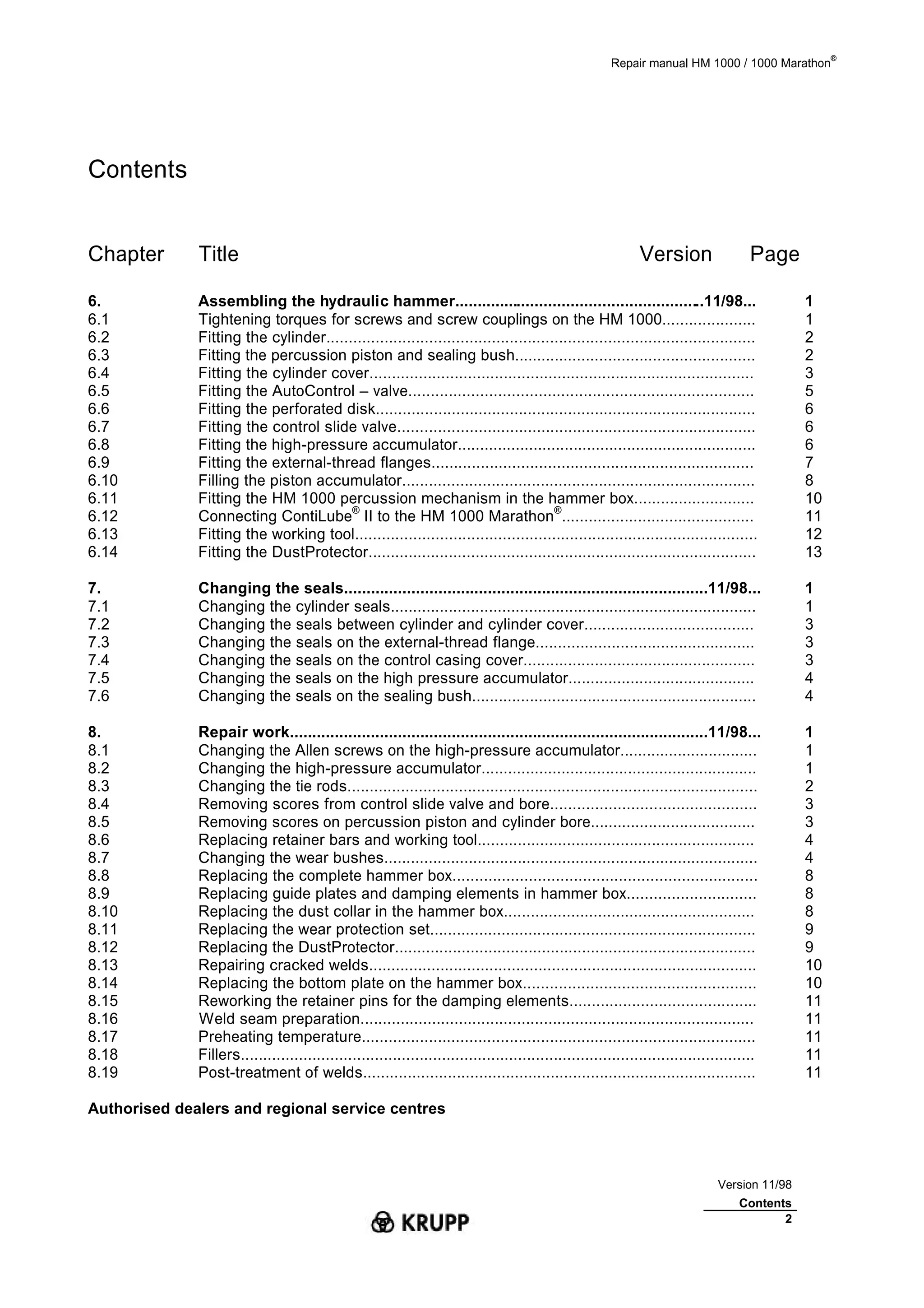 Krupp hydraulic hammers hm 1000 1000 marathon service repair manual | PDF