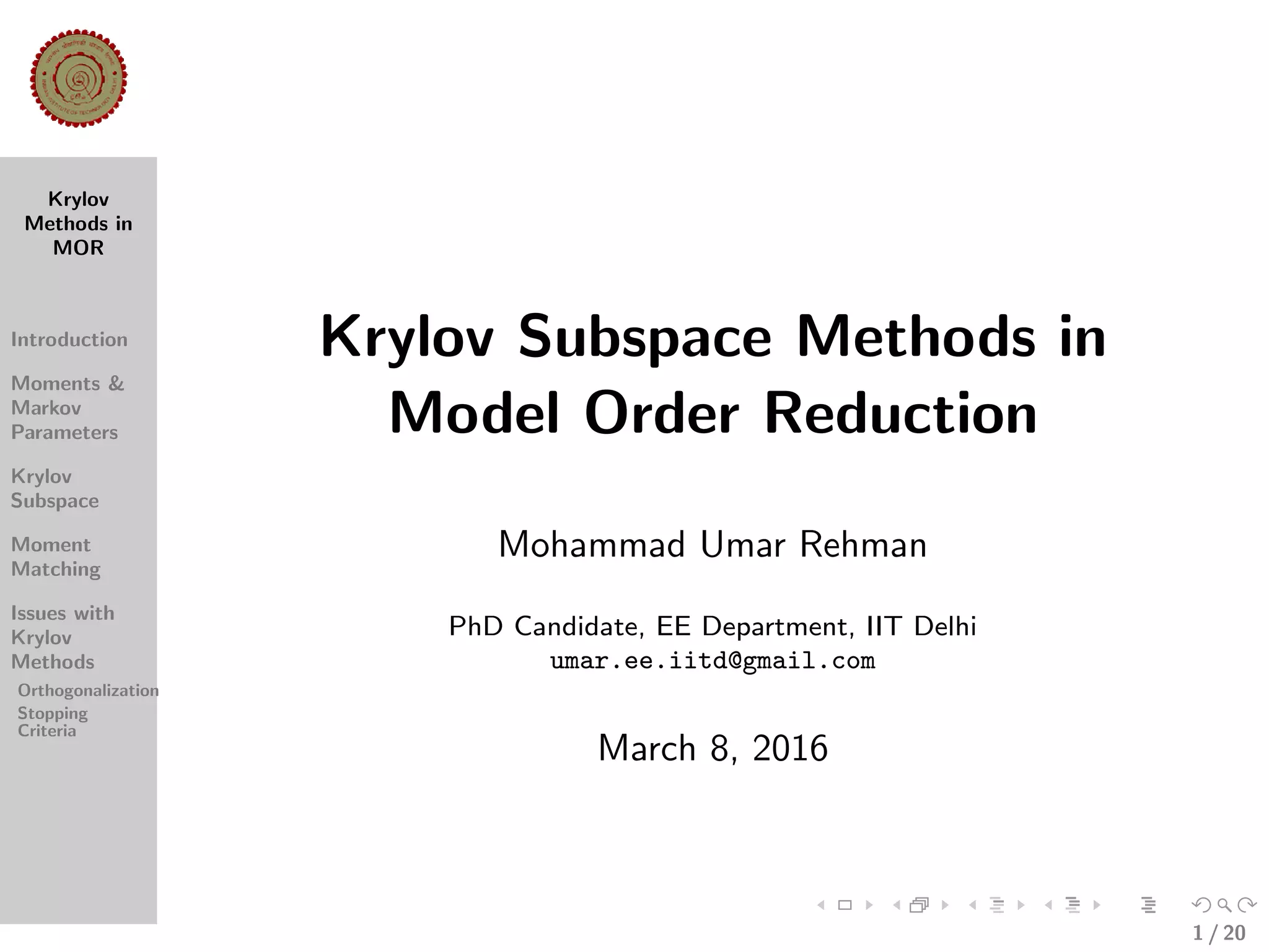 Krylov Subspace Methods In Model Order Reduction Ppt