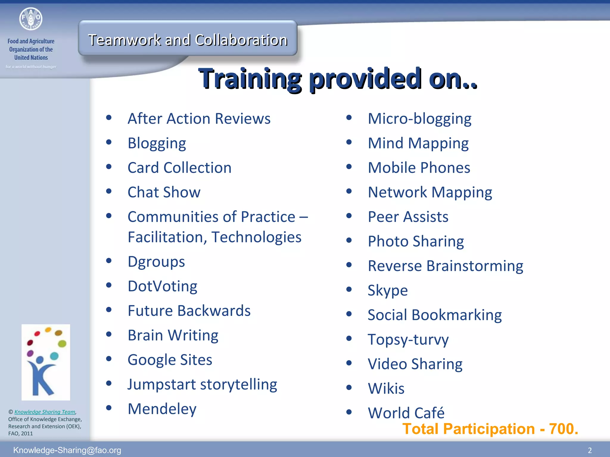 Knowledge Sharing Tools at FAO | PPT | Social Networking | Internet