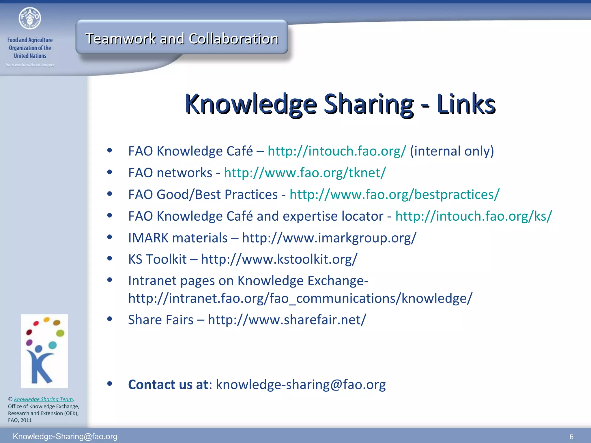 Knowledge Sharing Tools at FAO | PPT | Social Networking | Internet