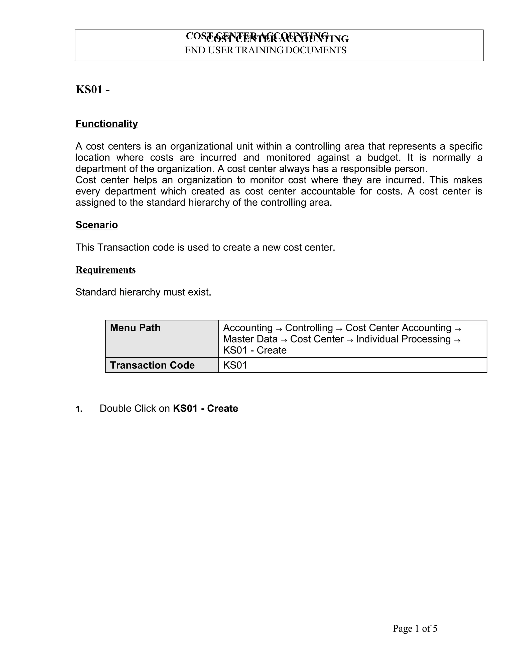 Ks01 Create Cost Center | DOC