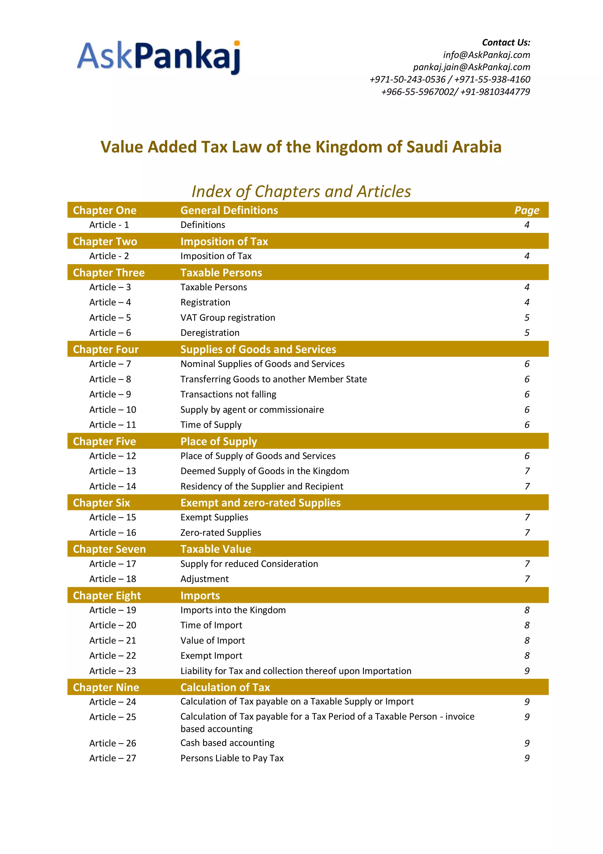 Kingdom of Saudi Arabia (KSA) Value Added Tax (VAT) Law (with Index) | PDF