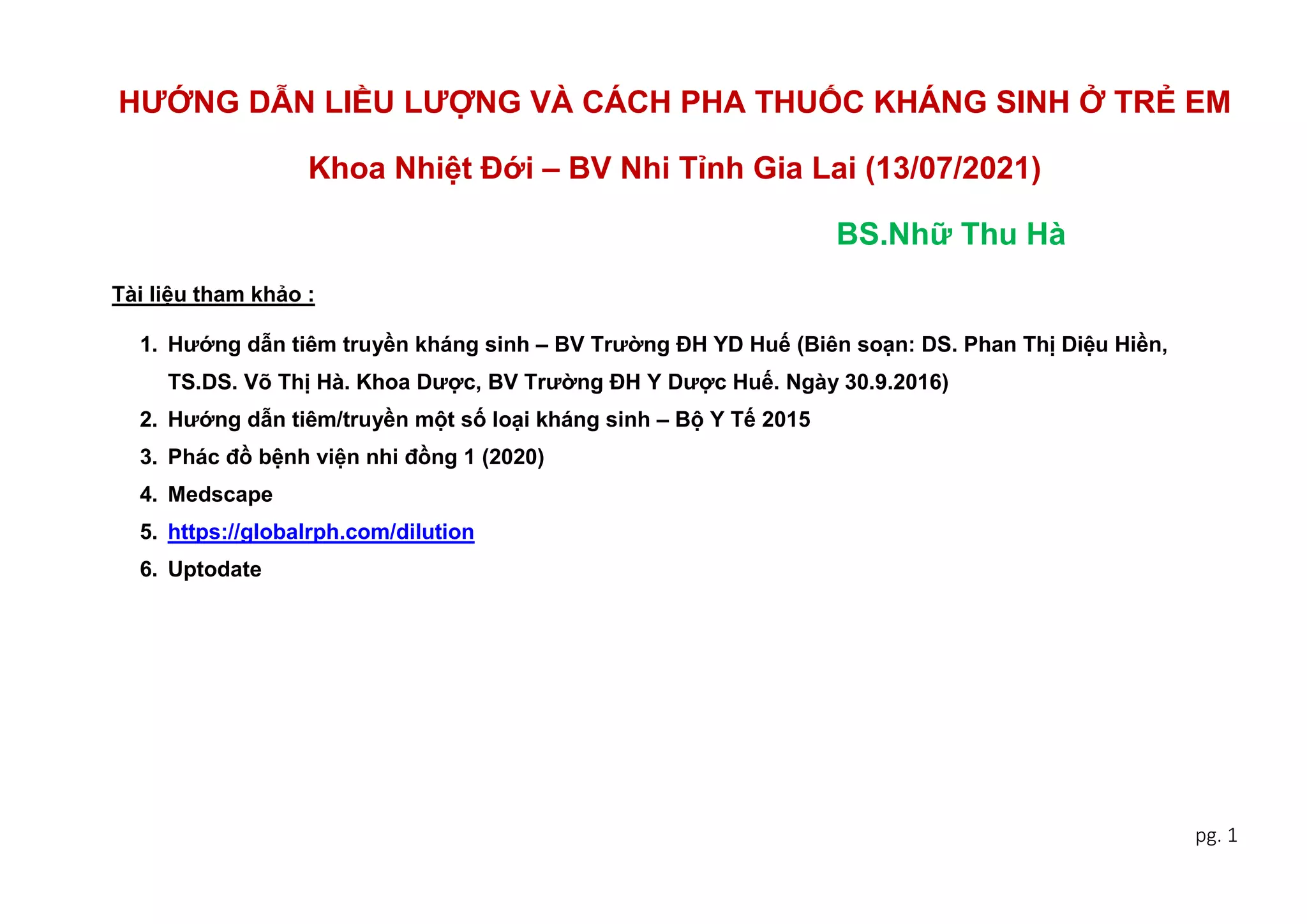 HƯỚNG DẪN LIỀU LƯỢNG VÀ CÁCH PHA THUỐC KHÁNG SINH Ở TRẺ EM | PDF