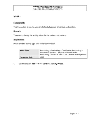 Ksbt Activity Prices Of Cost Centers | DOC