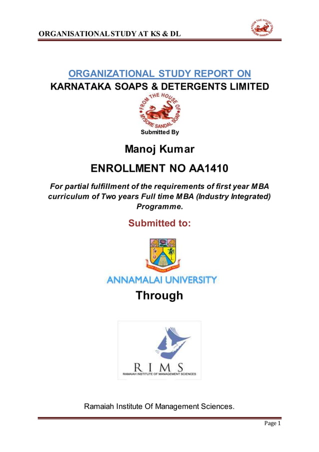 KARNATAKA SOAPS & DETERGENTS LIMITED (KS&DL) Internship report (manoj Rims) | DOCX