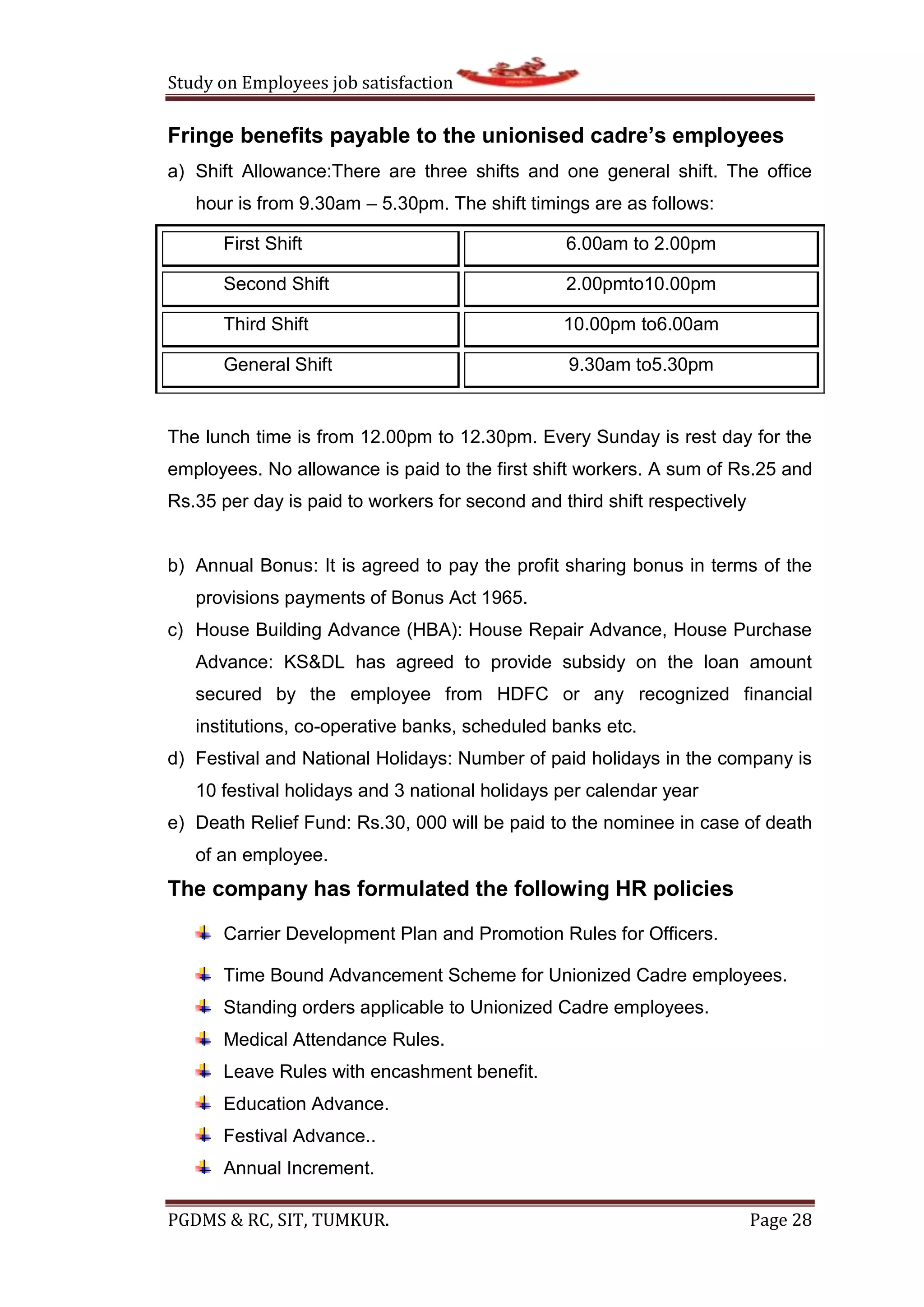 Employee job satisfaction project at KSDL pdf | DOCX