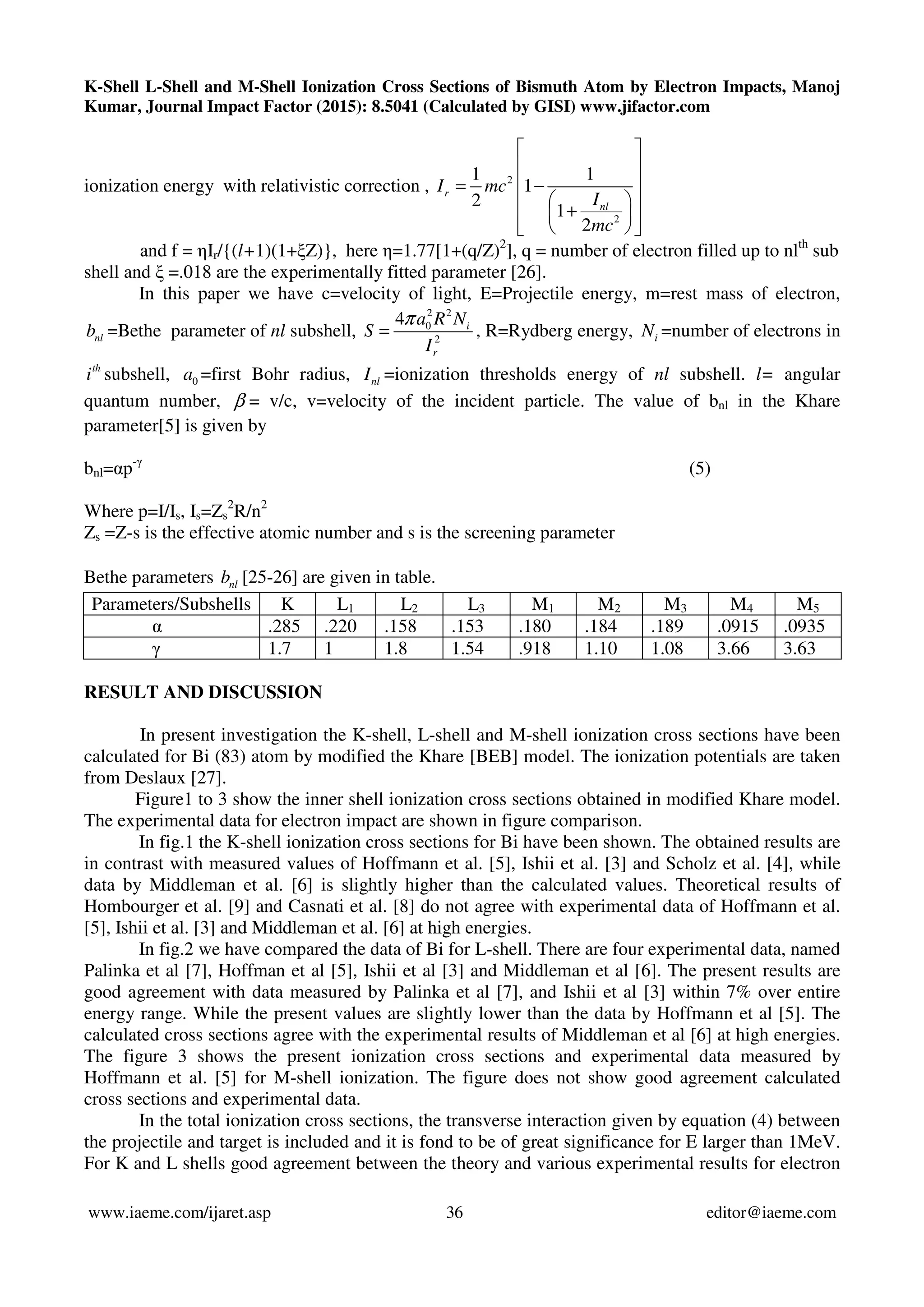K-SHELL L-SHELL AND M-SHELL IONIZATION CROSS SECTIONS OF BISMUTH ATOM BY ELECTRON IMPACTS | PDF