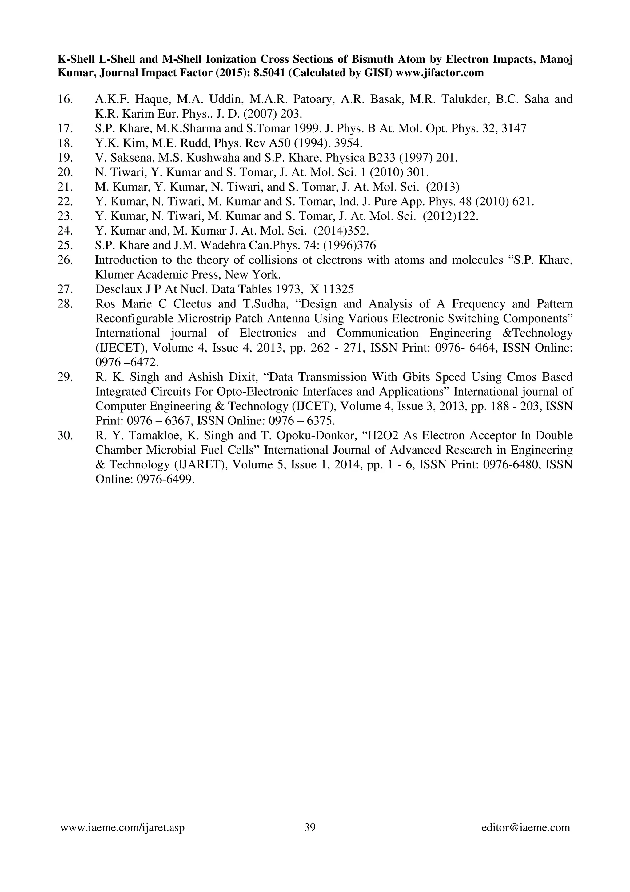 K-SHELL L-SHELL AND M-SHELL IONIZATION CROSS SECTIONS OF BISMUTH ATOM BY ELECTRON IMPACTS | PDF