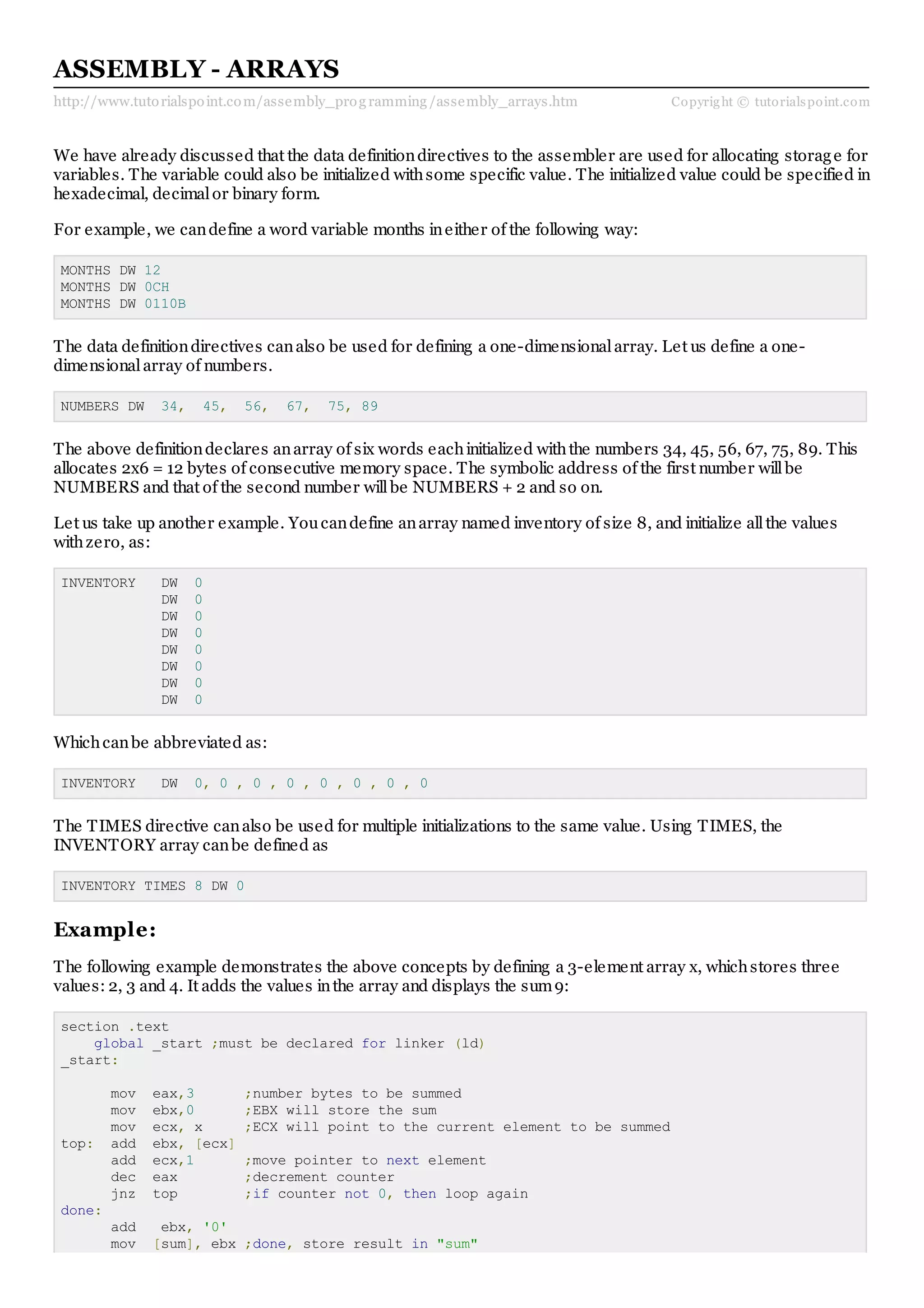 N_Asm Assembly arrays (sol) | PDF | Programming Languages | Computing