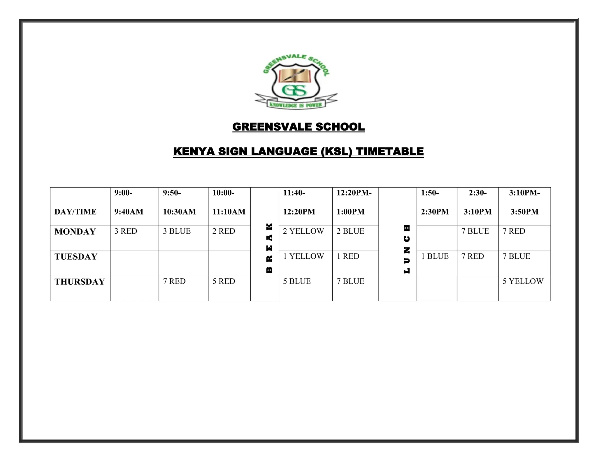 KSL timetable for learners below 15 years | DOCX