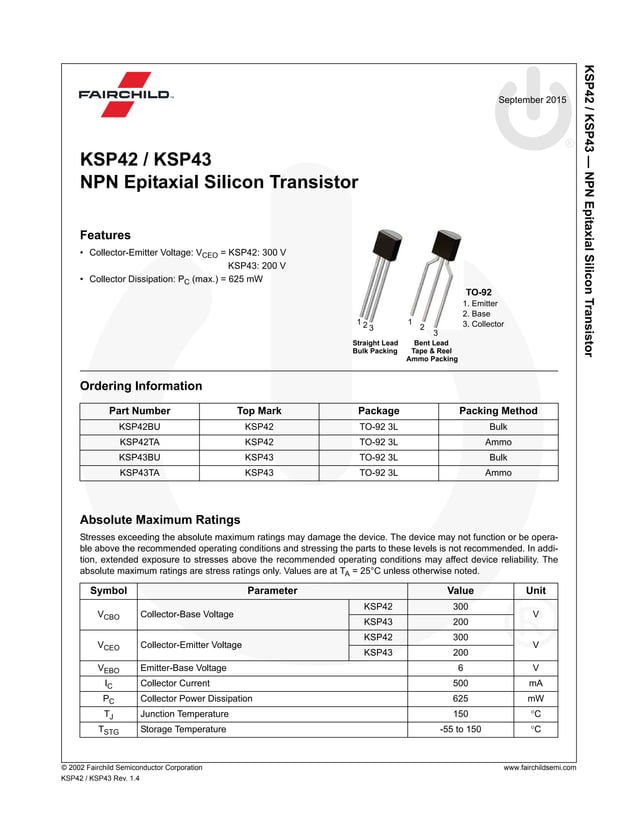 Original NPN Transistor KSP42 KSPA42 A42 0.5A 300V TO-92 New Fairchild ...