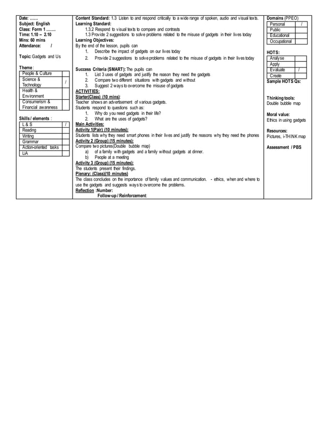 Kssm lesson plan 1 | DOCX | Consumer Electronics | Technology & Computing