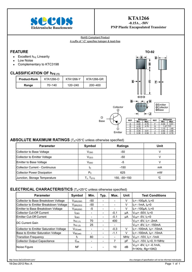 Original Transistor PNP KTA1266-Y A1266 1266 TO-92 New | PDF