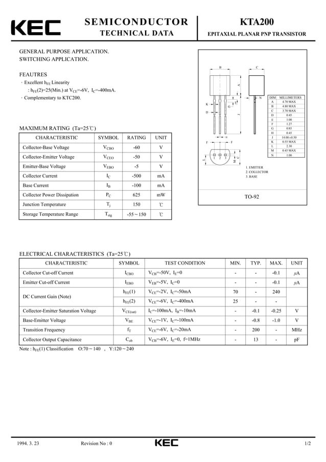 Original PNP Transistor KTA200-Y-AT A200 TO-92 New KEC | PDF
