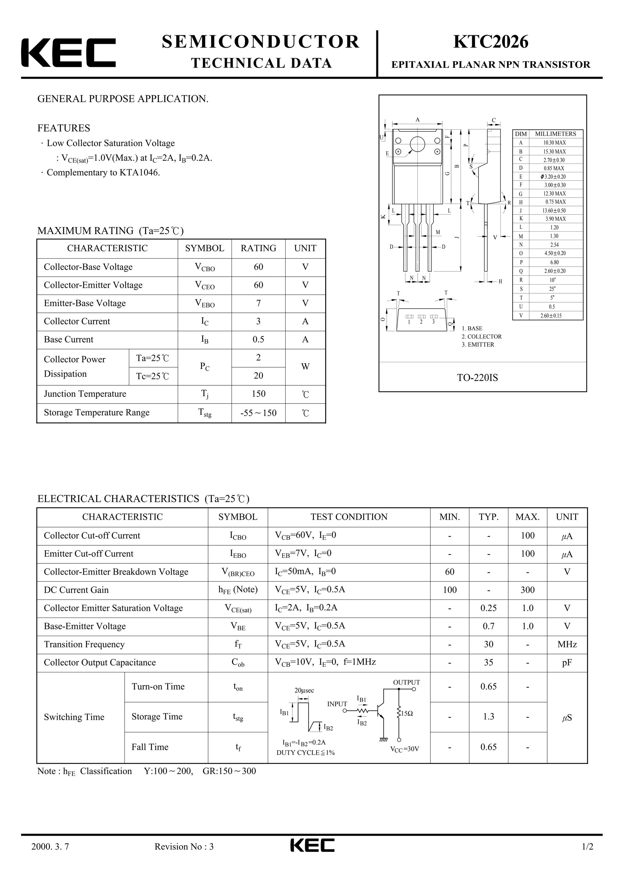 Original Transistor 2SC2026-Y KTC2026 C2026 3A 60V TO-220 New KEC | PDF