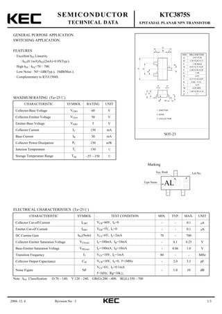 Original NPN Transistor KTC3875S-Y-RTK 150mA 60V SOT-23 ALO ALY SMD Code New | PDF