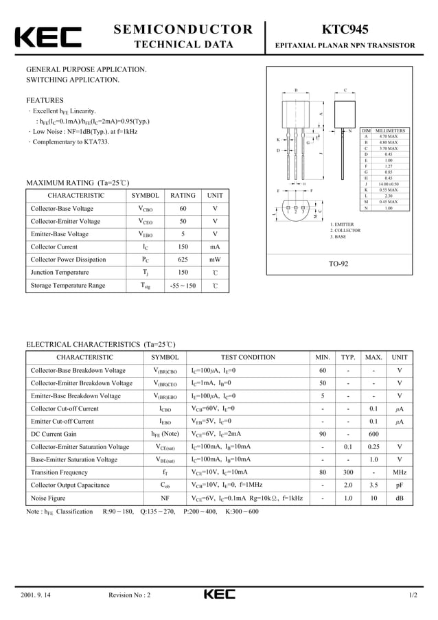 Original transistor NPN KTC945-P-AT C945 2SC945 945 TO 92 New | PDF