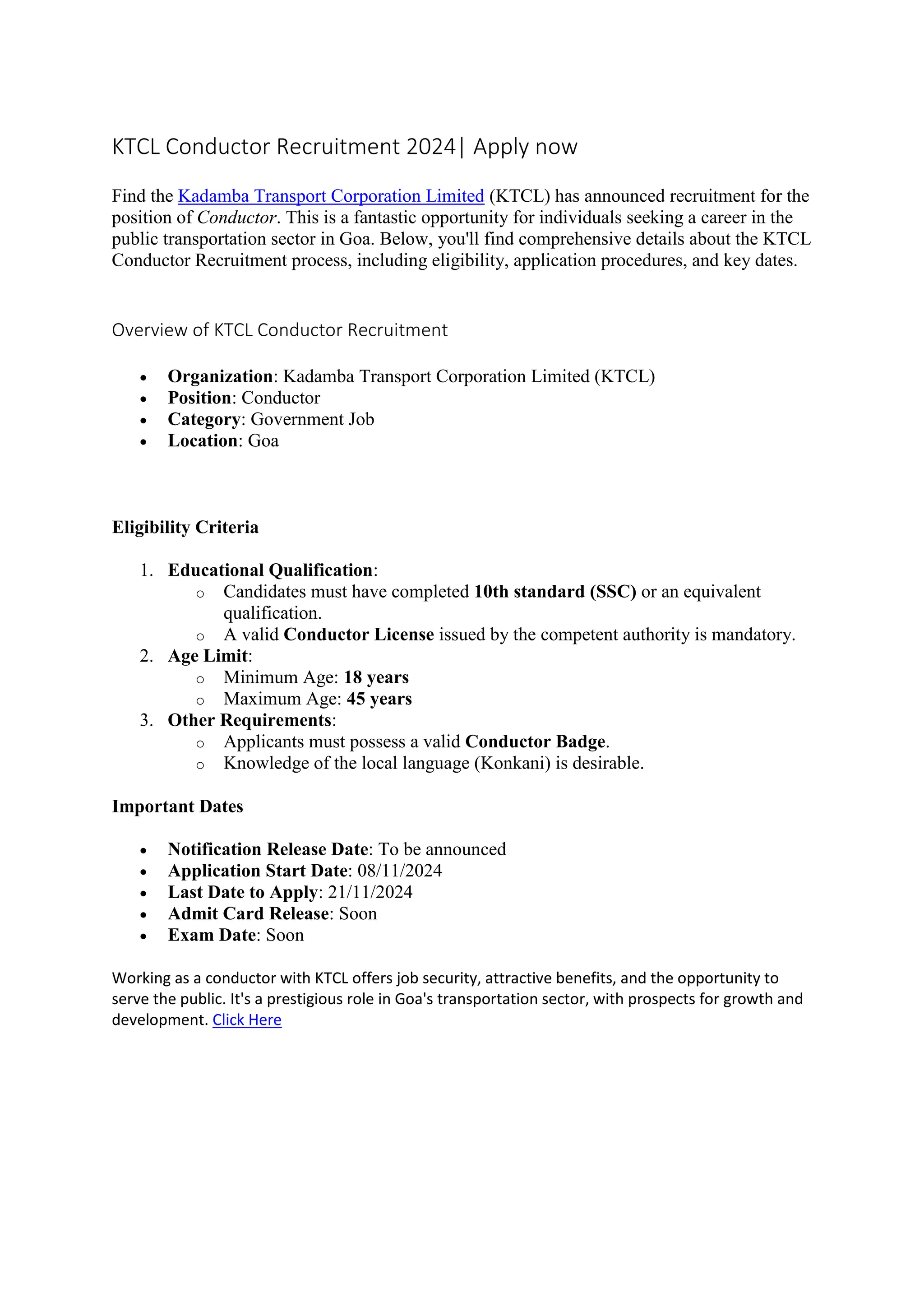 KTCL Conductor Recruitment 2024 | Apply now | PDF