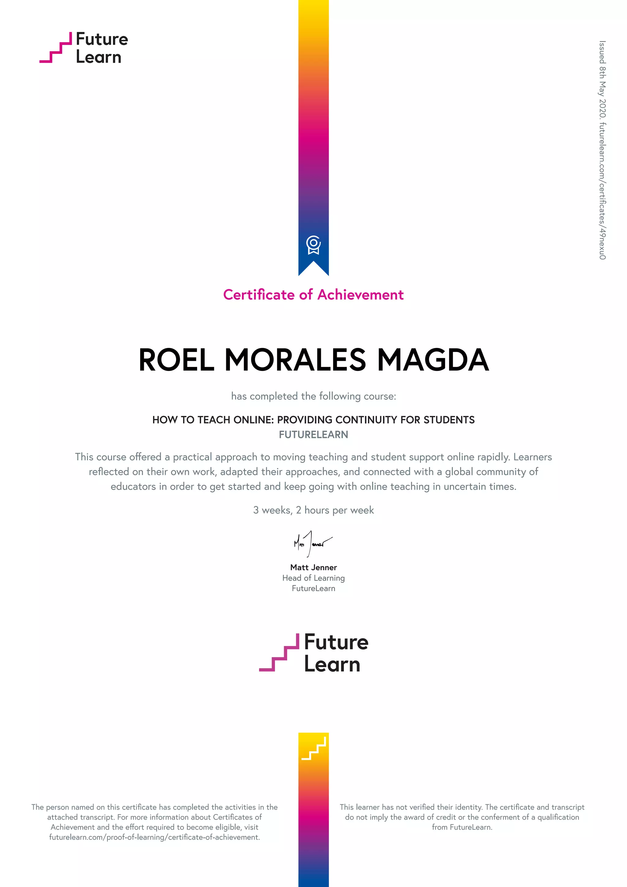Certificate of Achievement :How to Teach Online: Providing Continuity ...