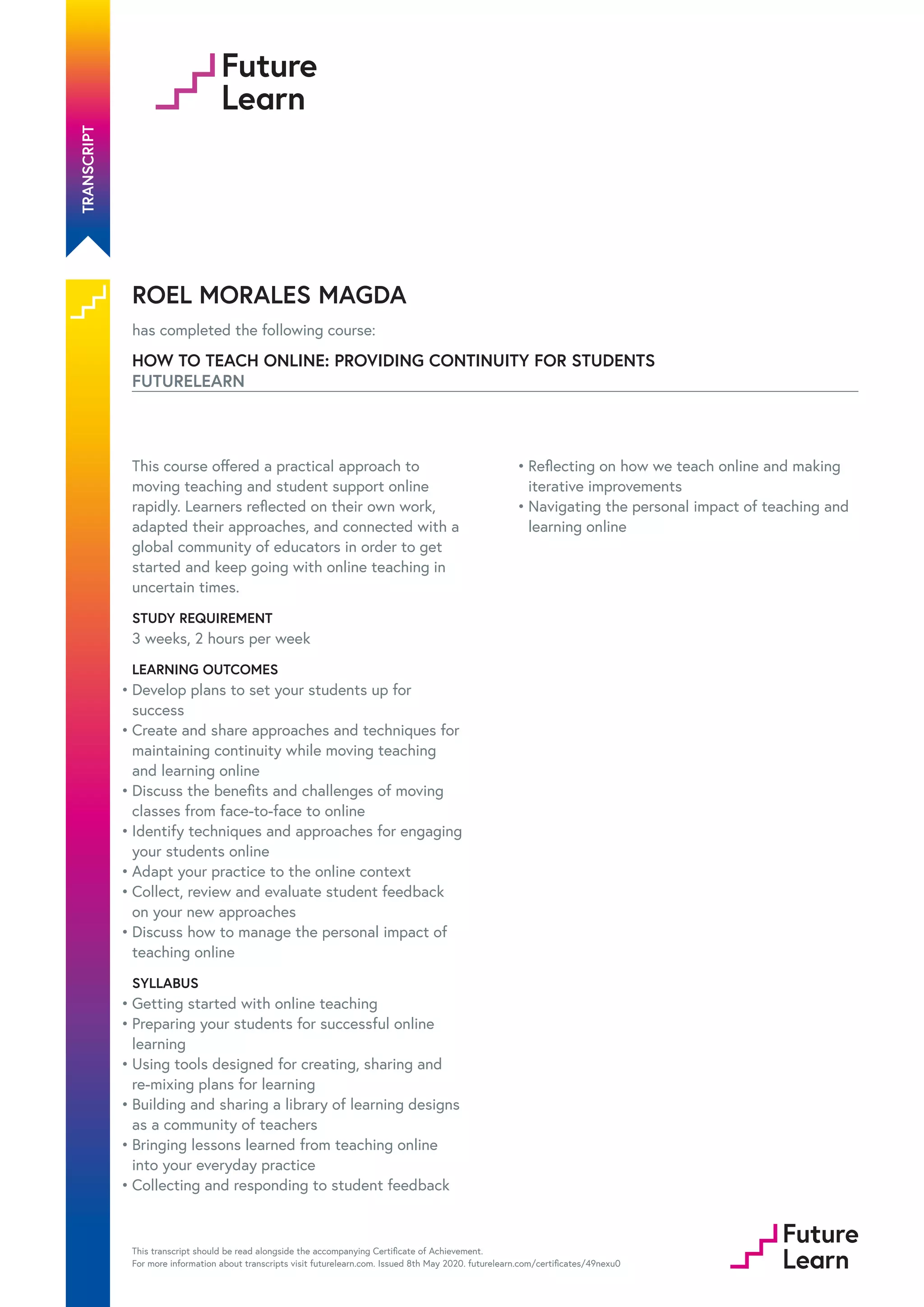 Certificate of Achievement :How to Teach Online: Providing Continuity ...