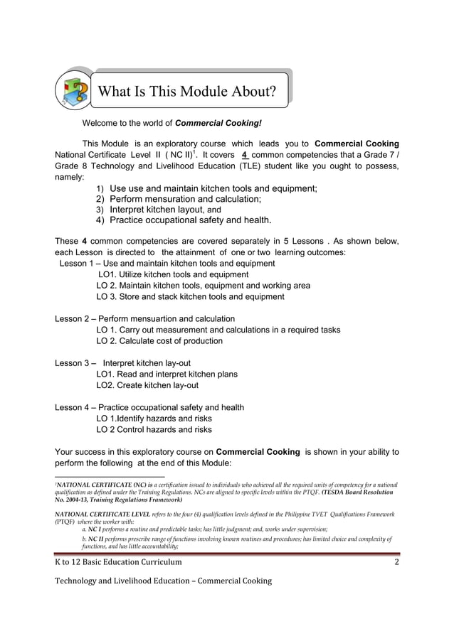 K to 12 commercial cooking learning module | PDF | Education