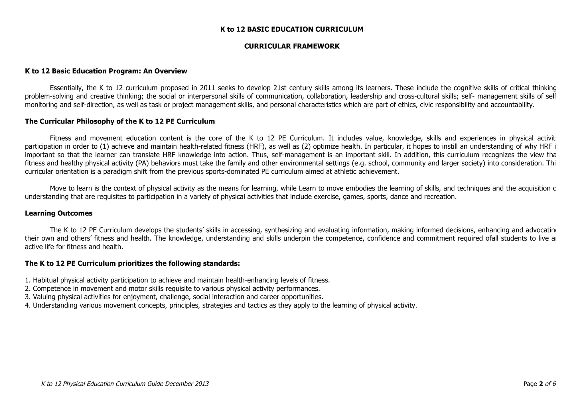 K to 12 DepEd Curriculum Guide Physical Education | PDF