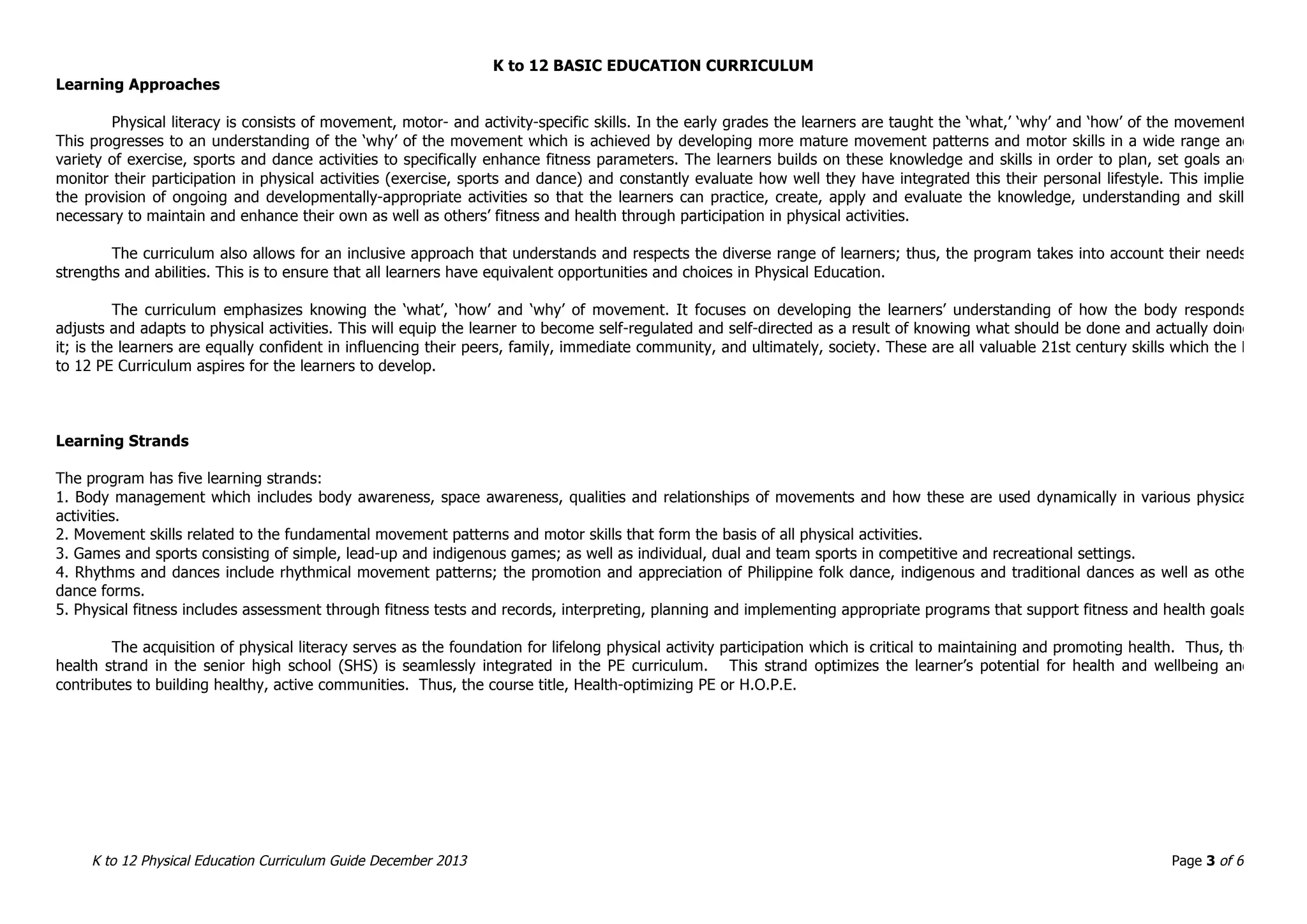 K to 12 DepEd Curriculum Guide Physical Education | PDF
