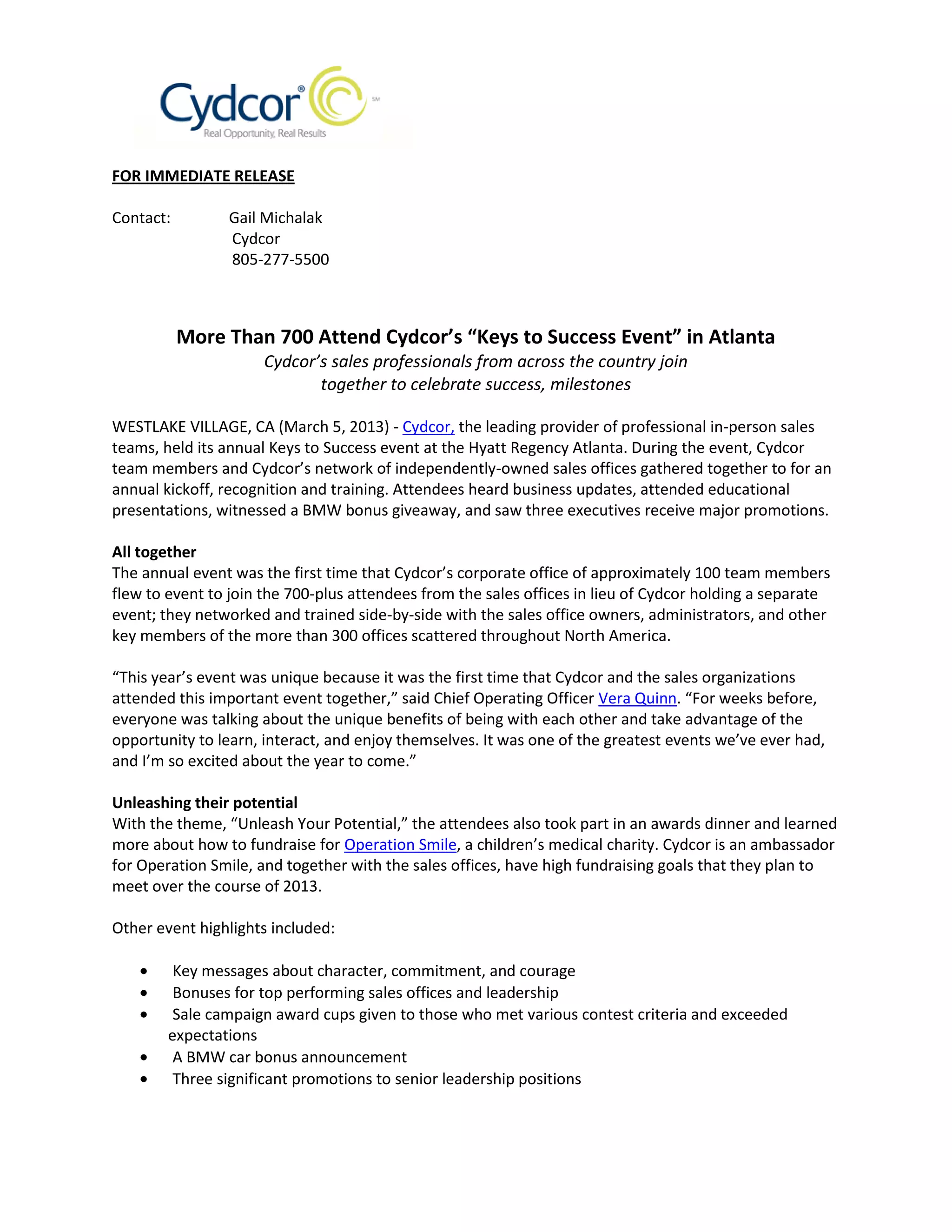 More Than 700 Attend Cydcor’s “Keys to Success Event” in Atlanta | PDF