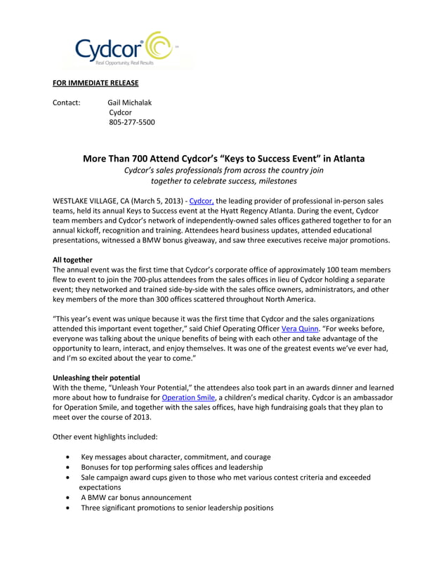 More Than 700 Attend Cydcor’s “Keys to Success Event” in Atlanta | PDF