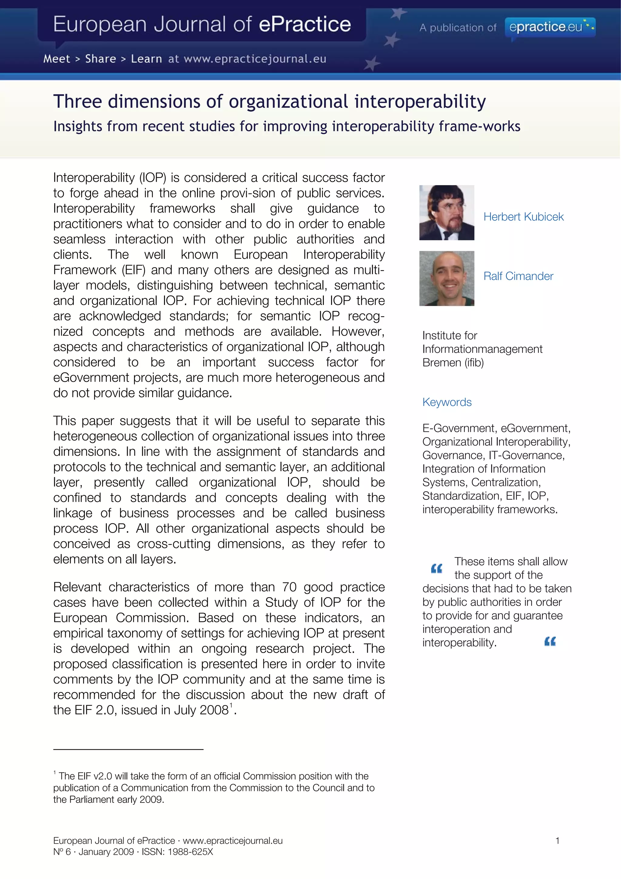 Three dimensions of organizational interoperability. Insights from ...