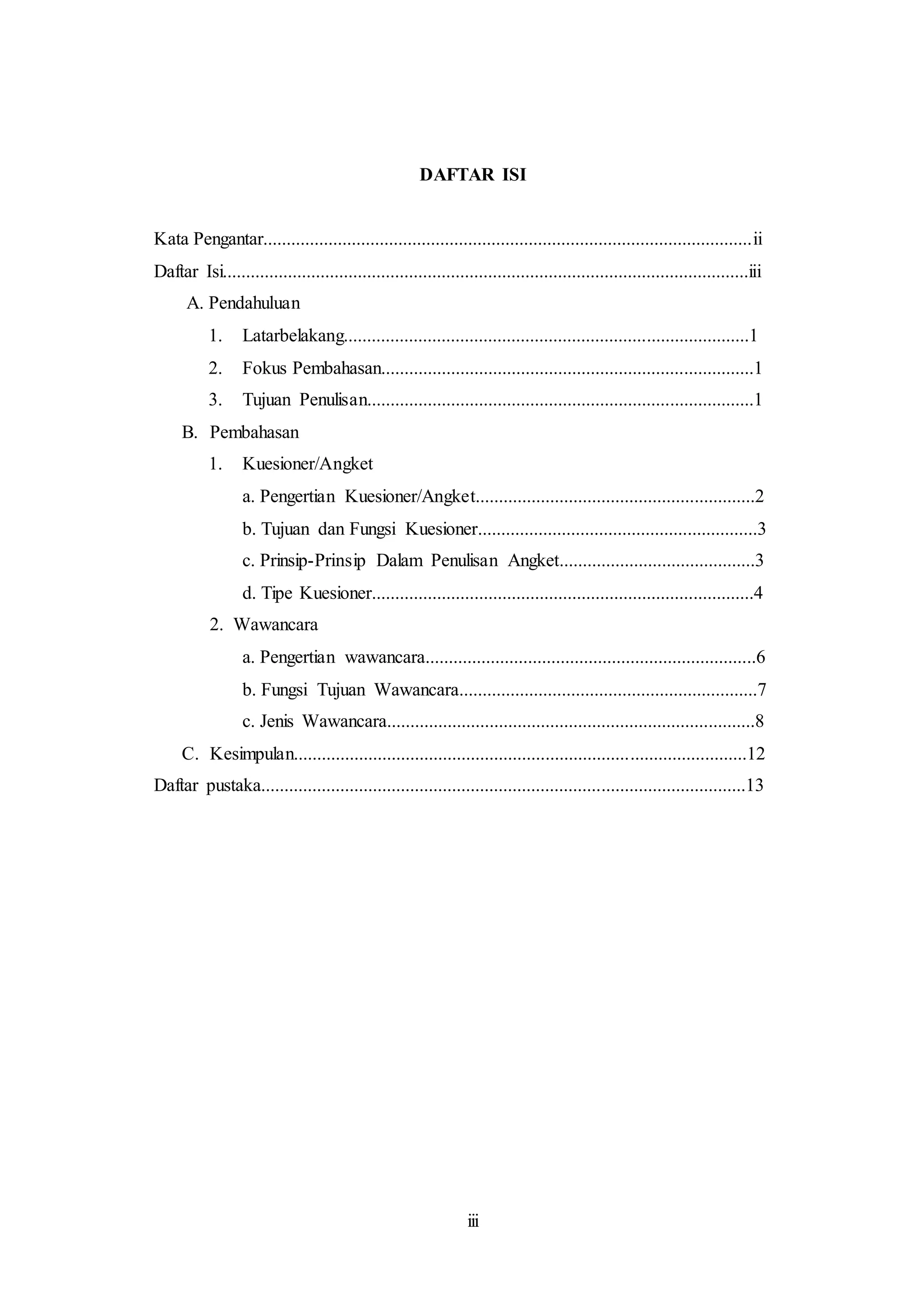 Kuesioner, angket, wawancara | DOCX