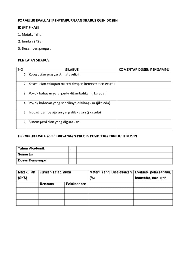 Kuesioner evaluasi proses pembelajaran oleh mahasiswa