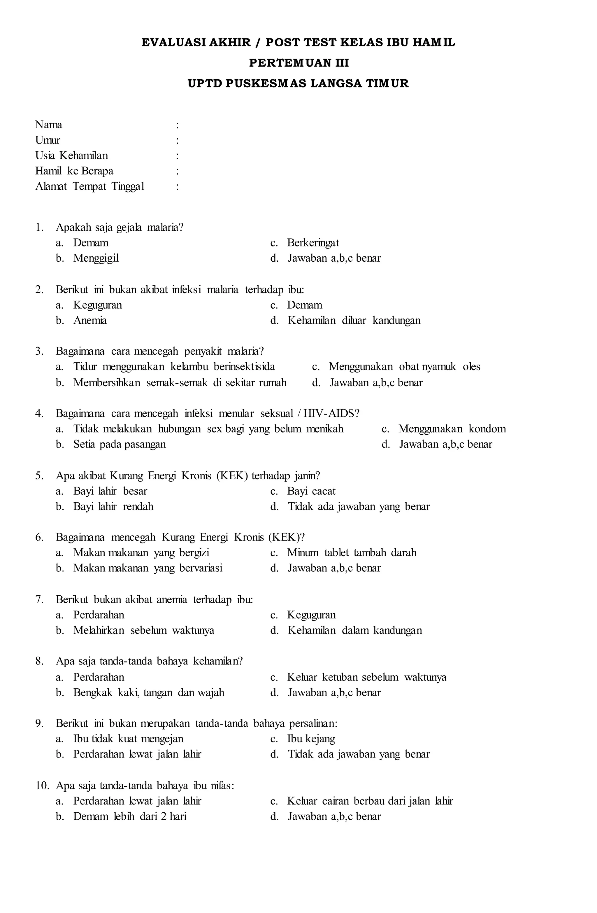 Kuesioner kelas ibu hamil tj.pati