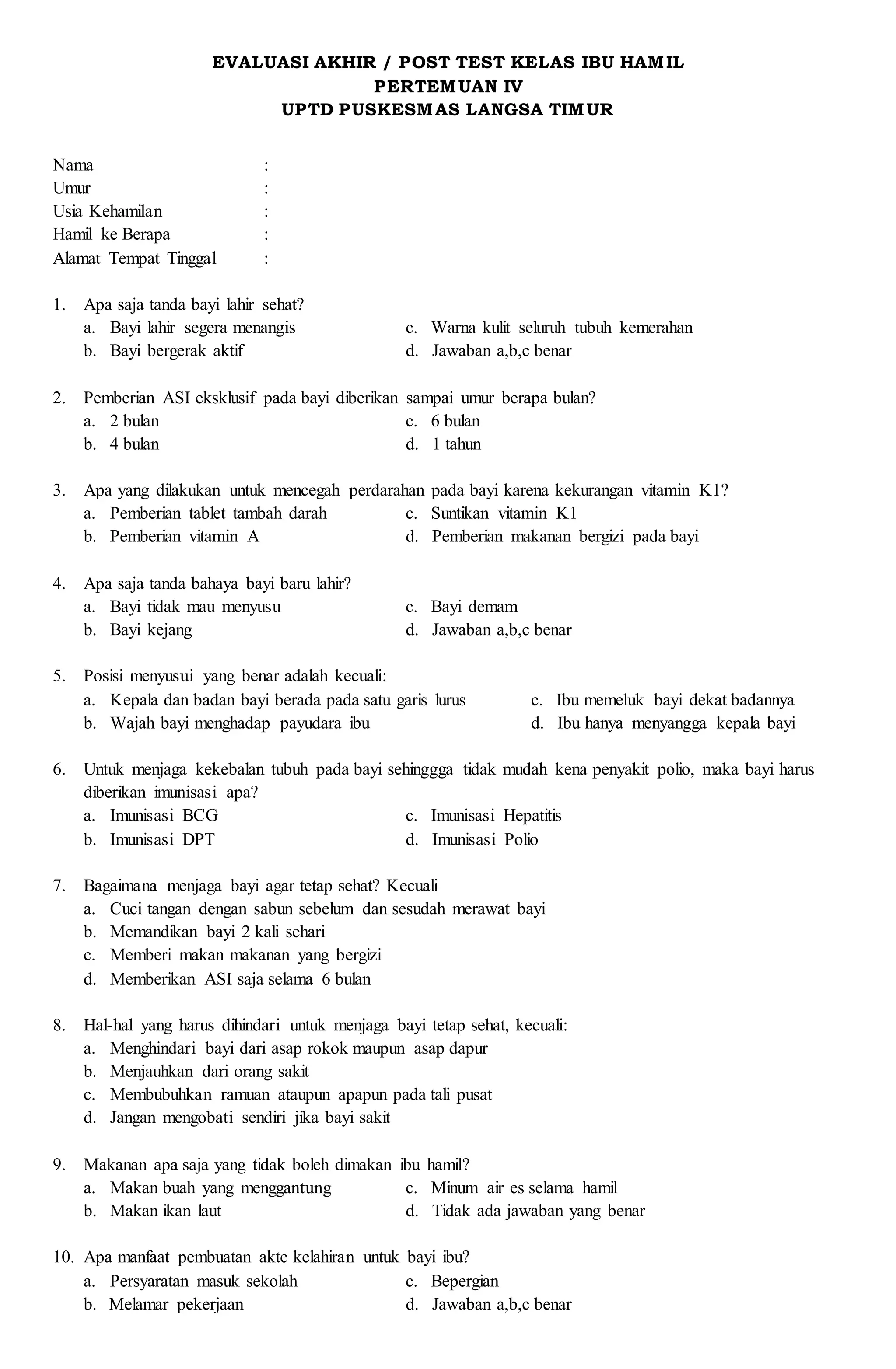 Kuesioner kelas ibu hamil tj.pati