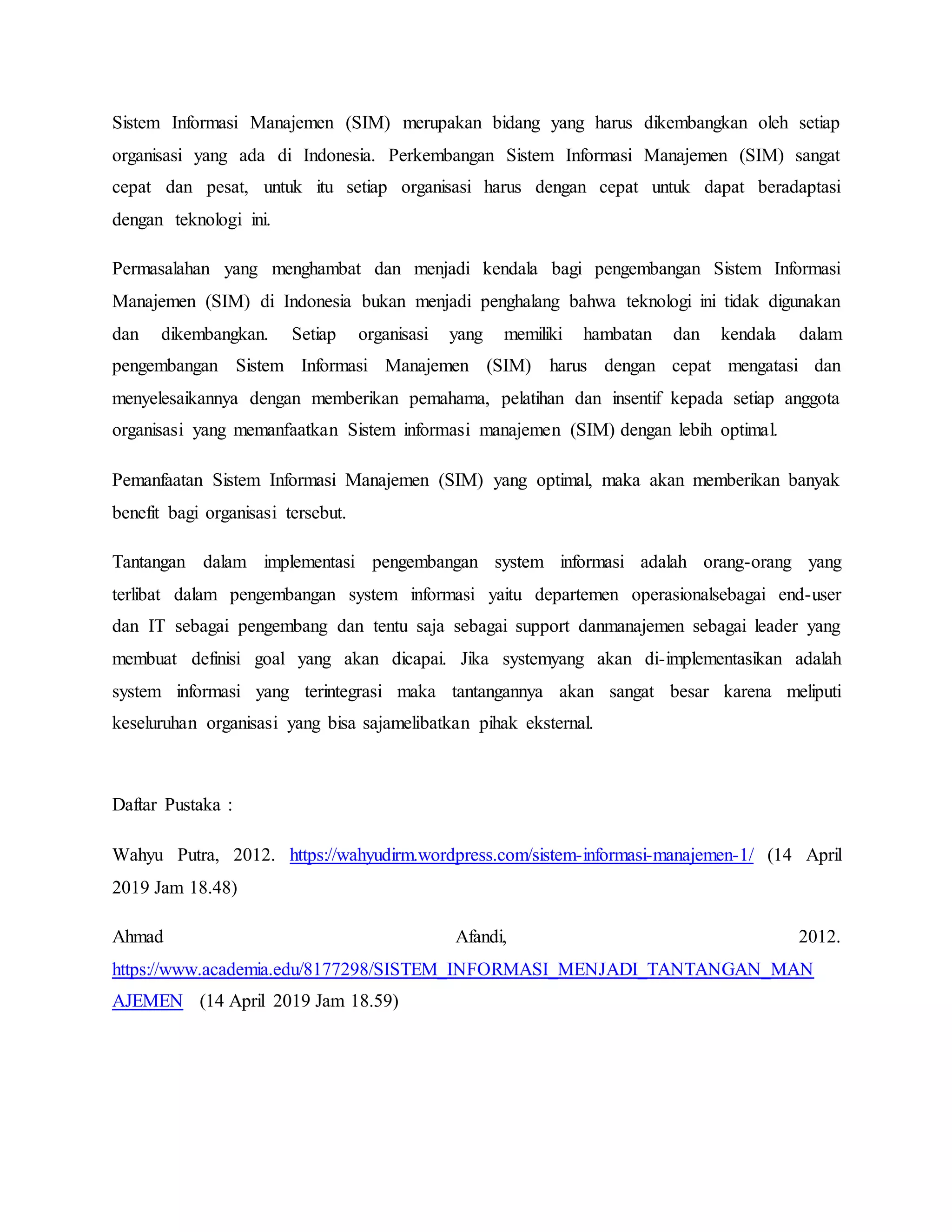 Hambatan dan Tantangan dalam Implementasi SIM | DOCX