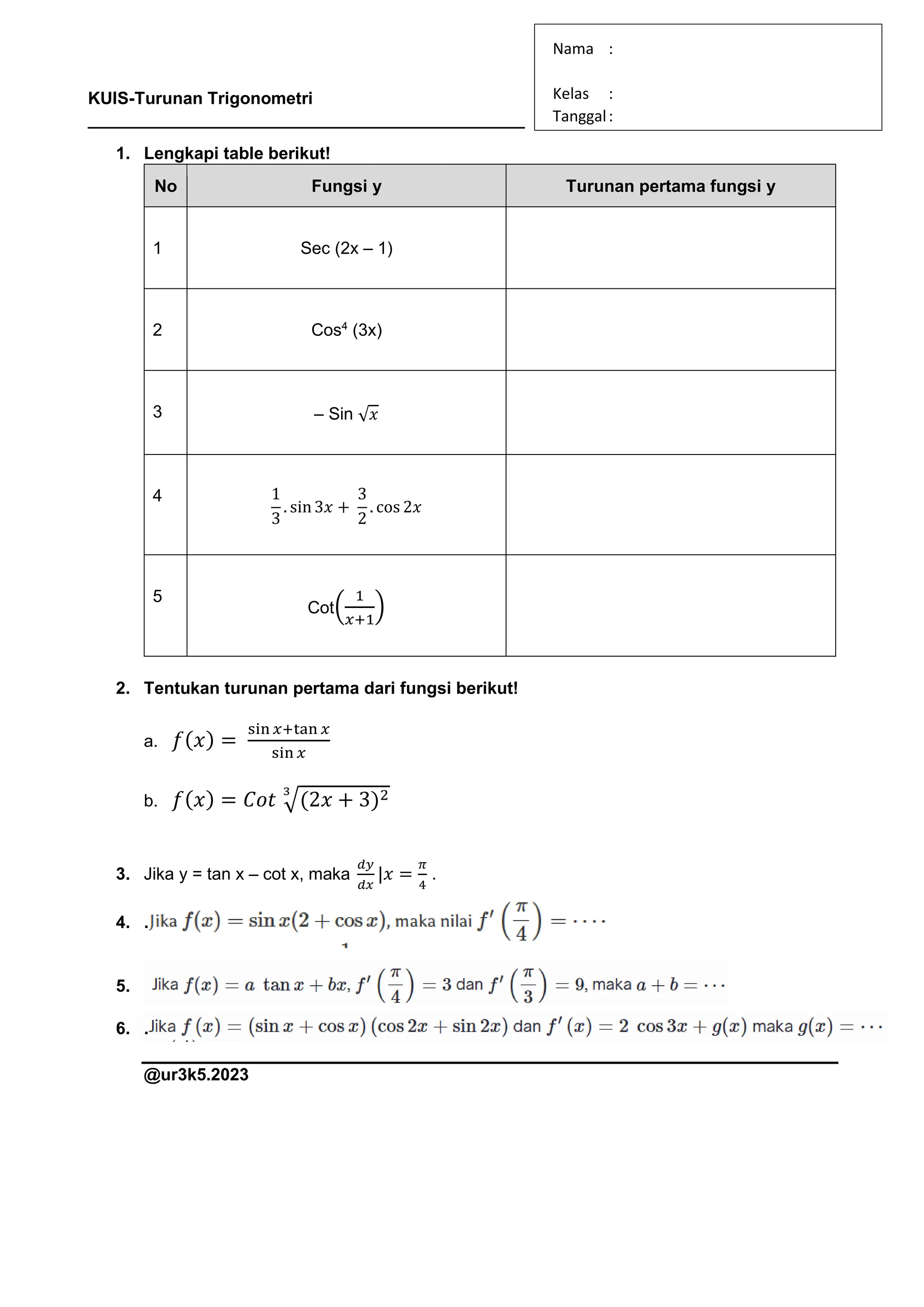 Matematika kelas XI materi Turunan trigonometri | PDF