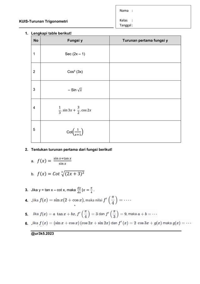 Matematika kelas XI materi Turunan trigonometri | PDF