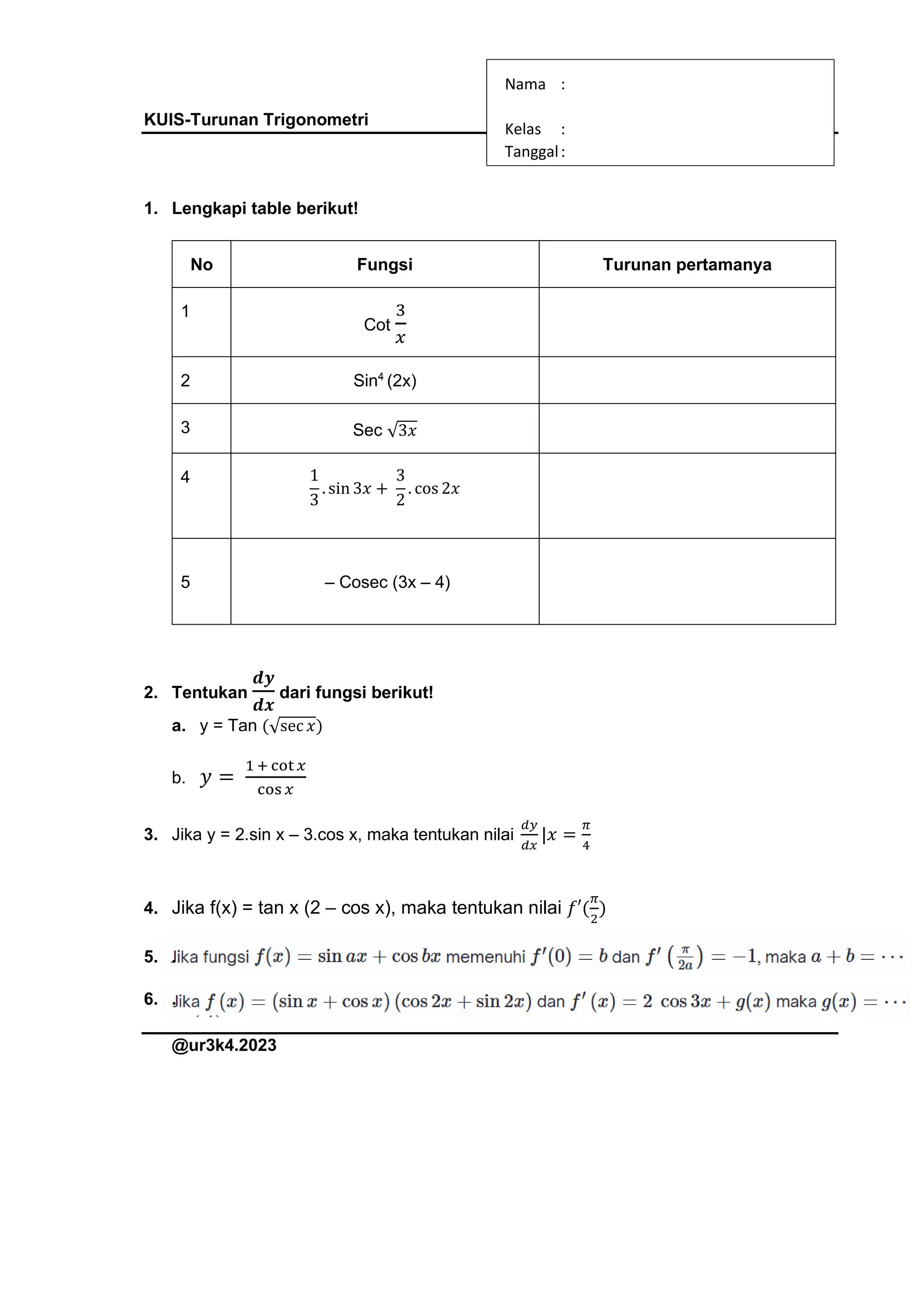 Materi Matematika Kelas Xi Untuk Memperdalam Turunan Trigonometri Pdf