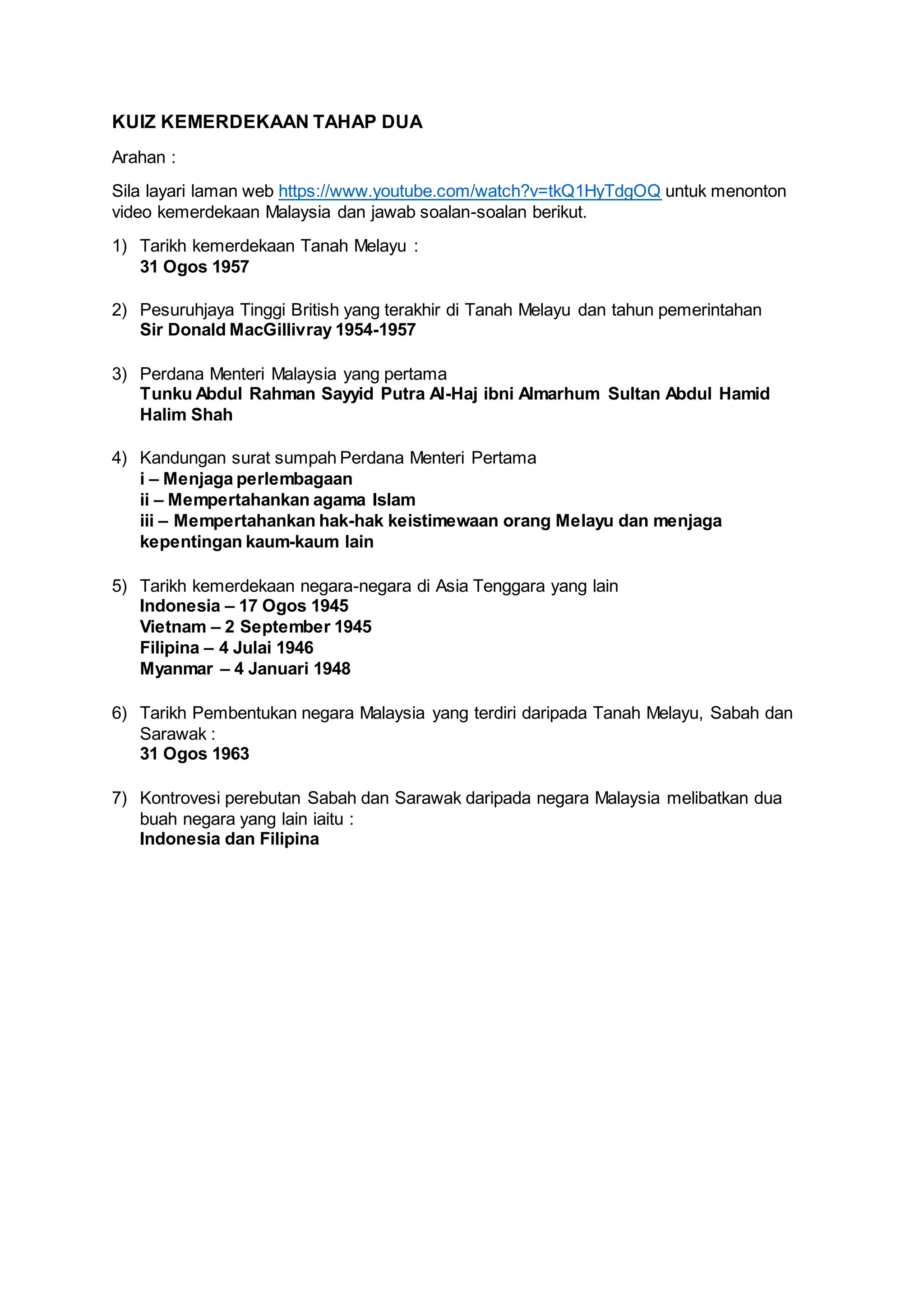 Kuiz kemerdekaan tahap dua | DOCX