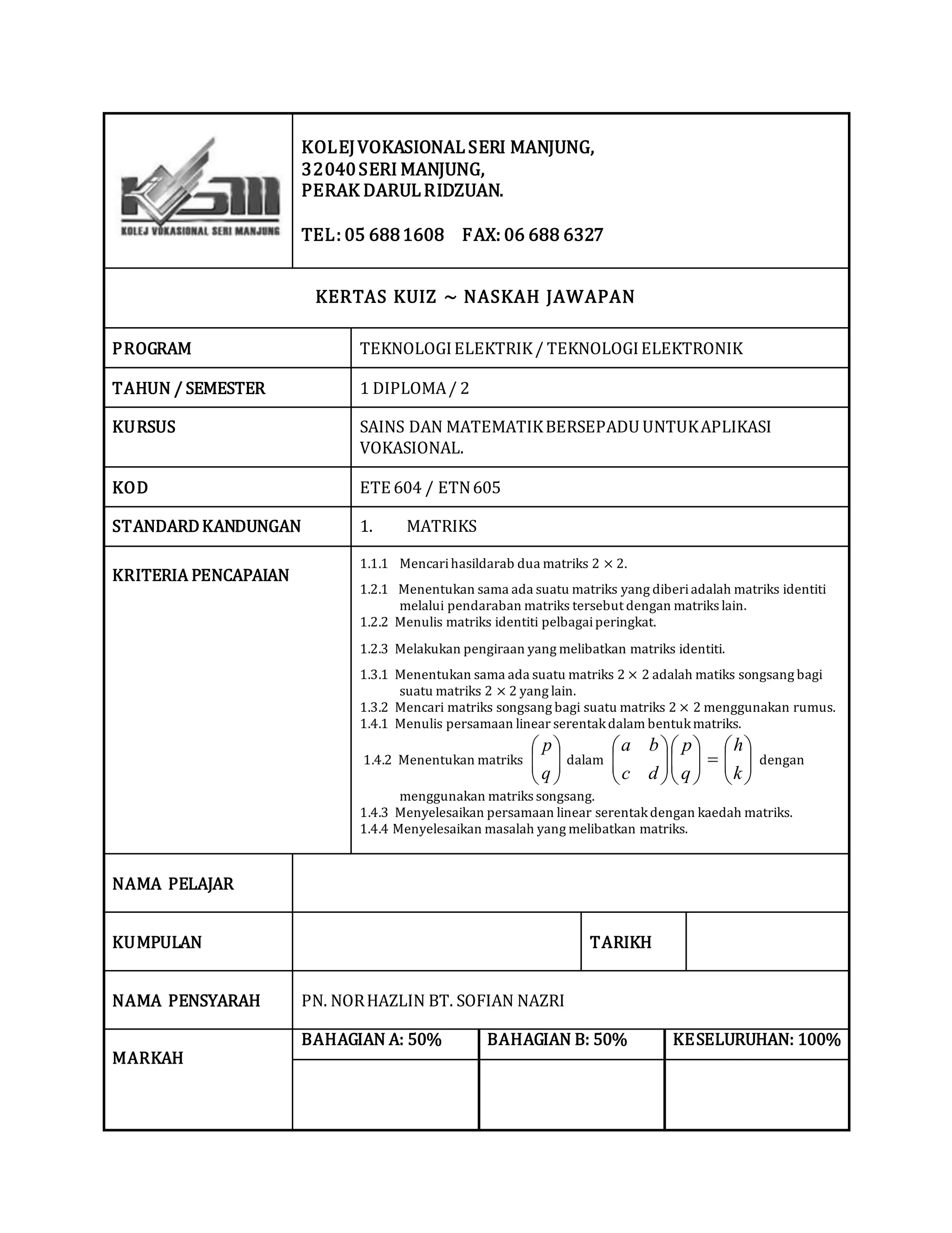 Kuiz matriks jawapan | DOCX