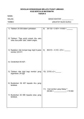Kuiz matematik bertulis tahun 4 (SK) | DOCX