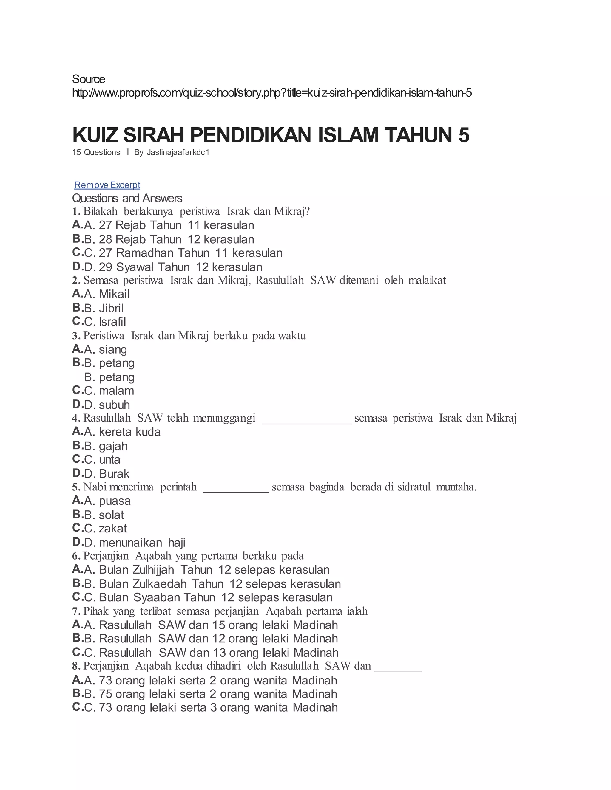 Kuiz sirah pendidikan islam tahun 5 | DOCX
