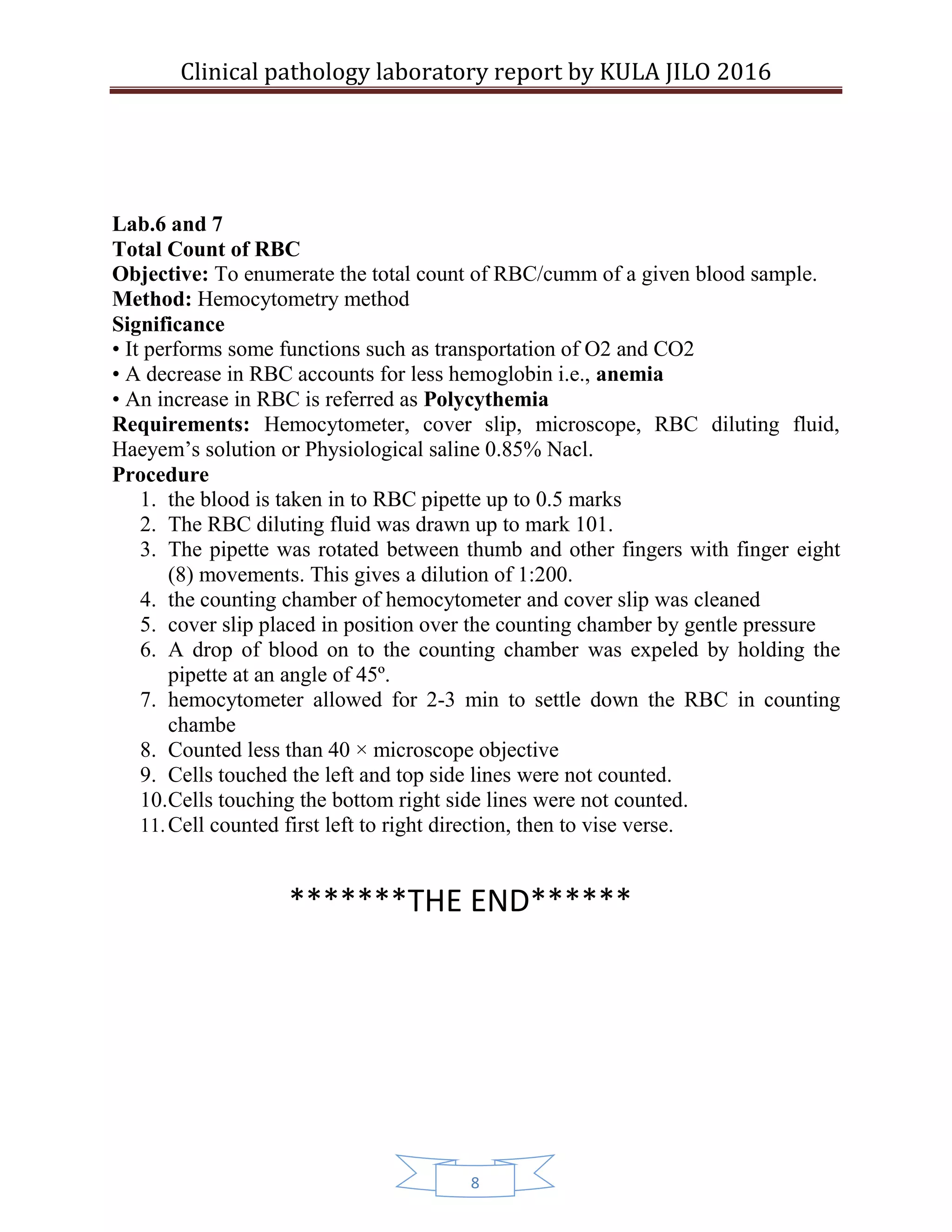 Clinical Pathology Laboratory Report by Kula Jilo 2016 | PDF