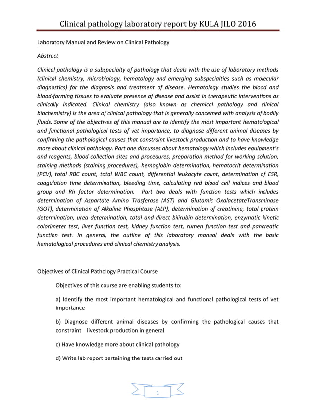 Clinical Pathology Laboratory Report by Kula Jilo 2016 | PDF