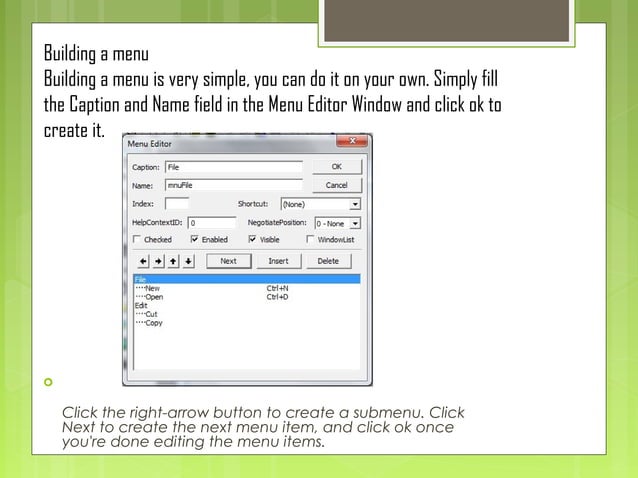 Visual Basic menu | PPT | Operating Systems | Computer Software and Applications