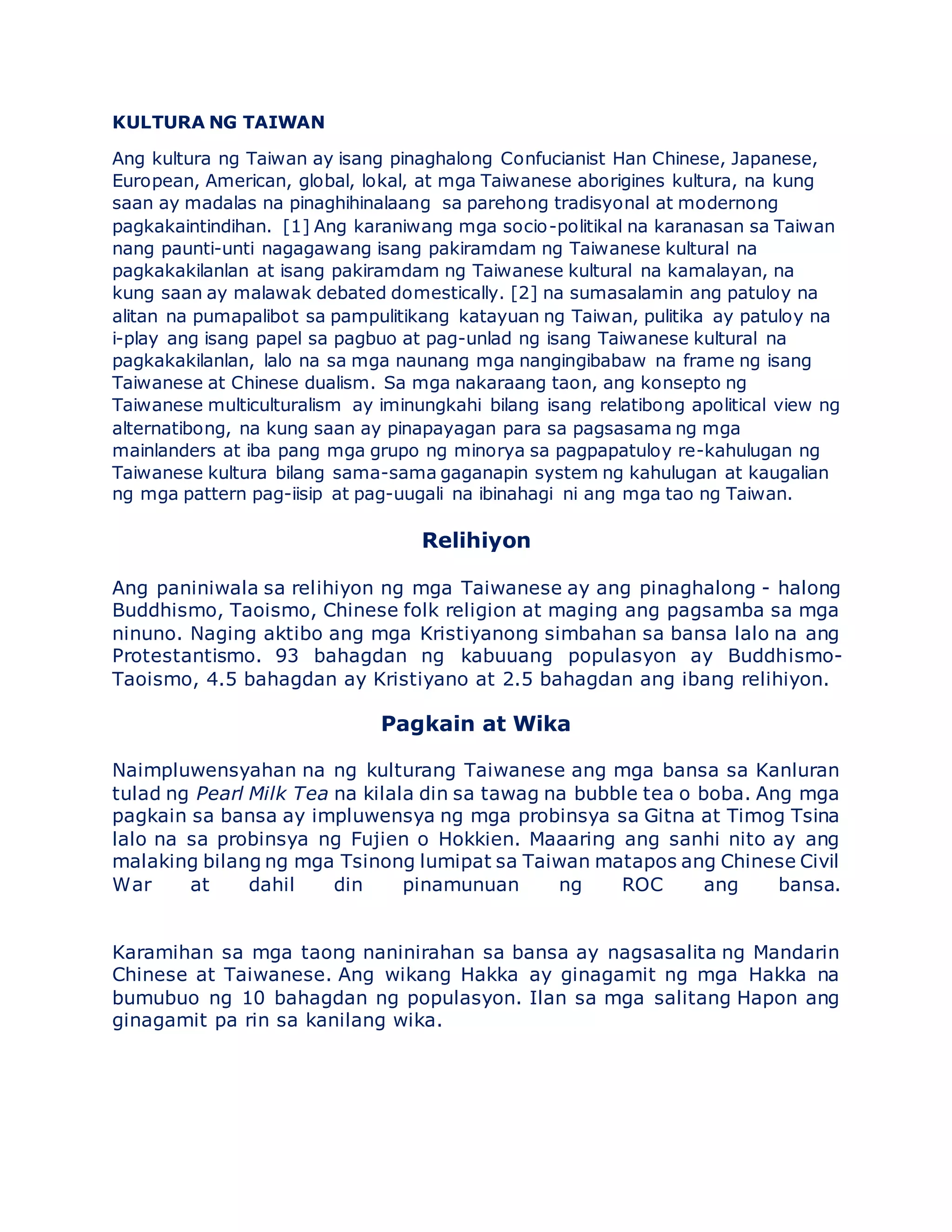 Kultura ng taiwan | DOCX