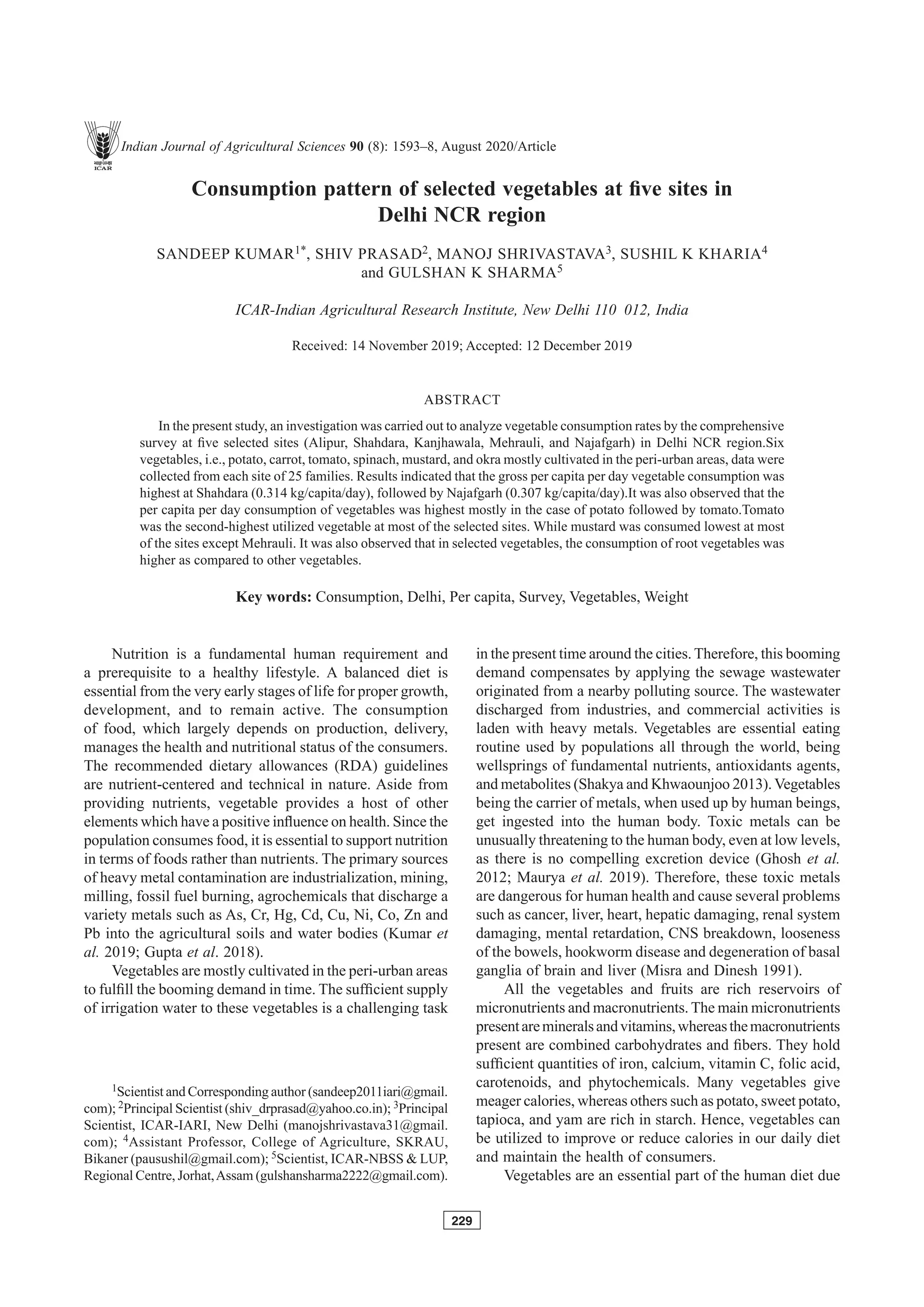 Consumption pattern of selected vegetables at five sites in Delhi NCR ...